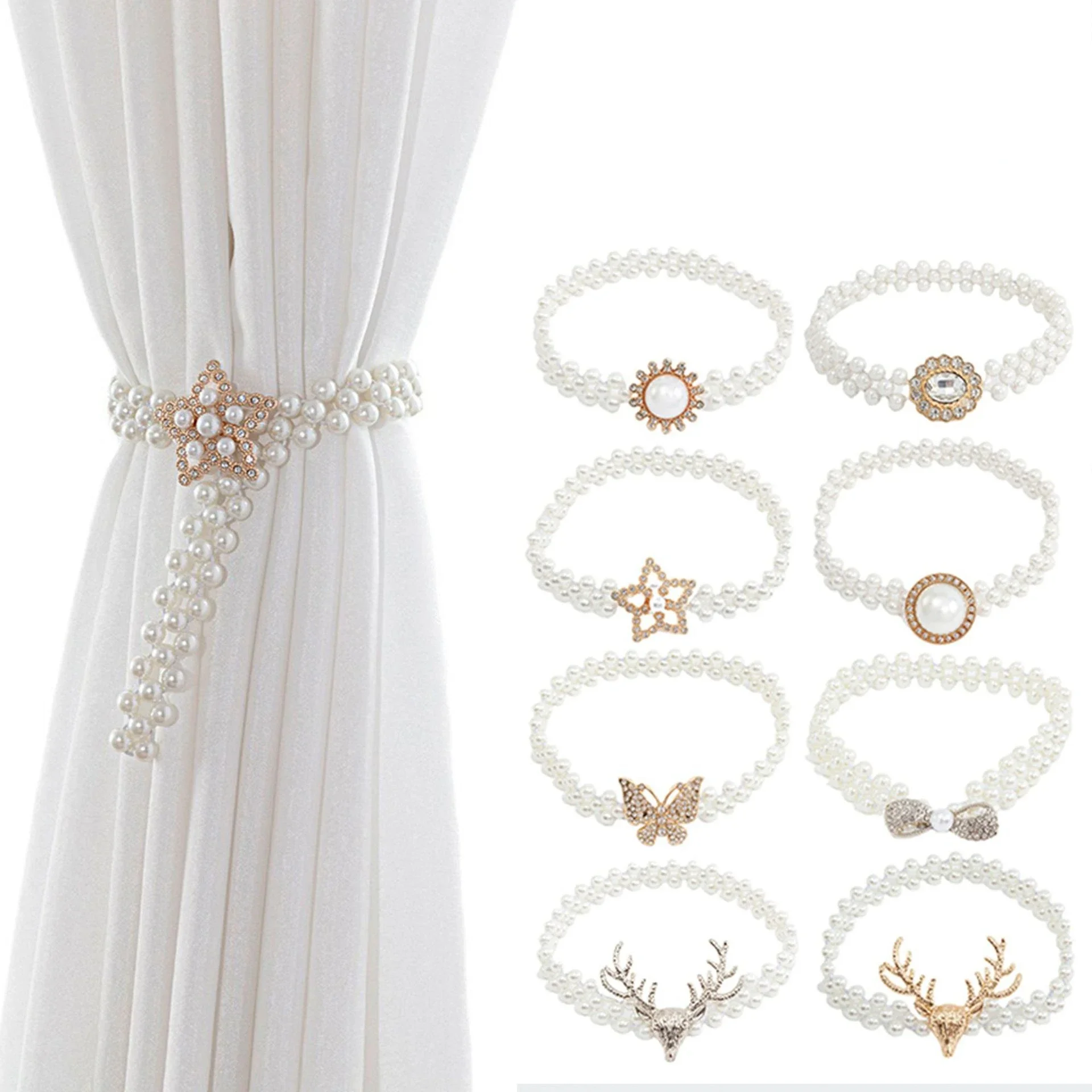 2 Pcs New Pearl+Metal Curtain Strap Tie Creative Curtain Buckles Home ...