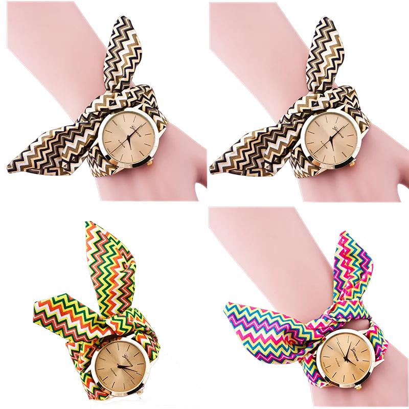 Fashionable-Women-s-Cloth-Band-Quartz-Wristwatch-Classic-Design-Striped ...