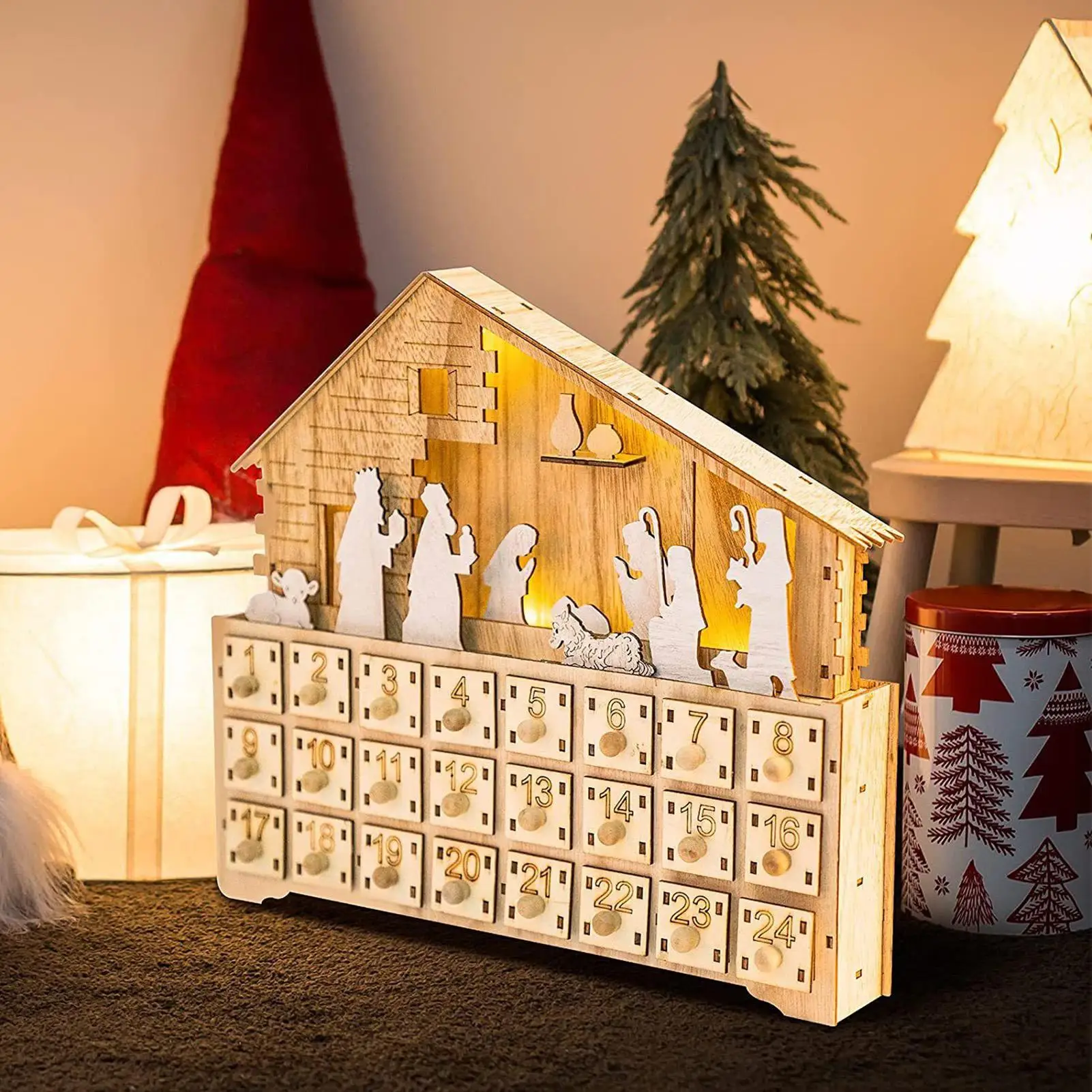 Nativity Scene House Advent Wooden Christmas LED light calendar cabinet ...