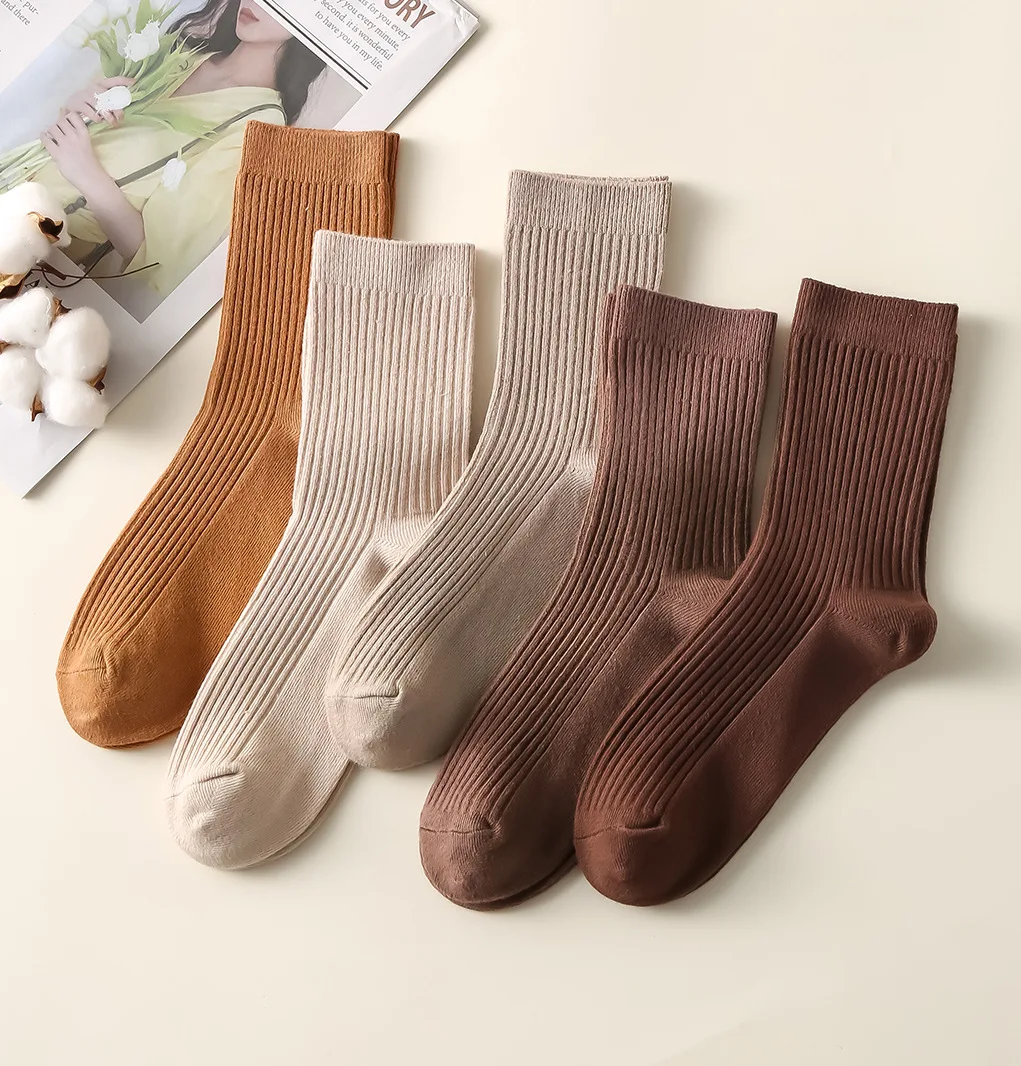 Medium-length-socks-pure-cotton-stockings-simple-double-needle-solid ...