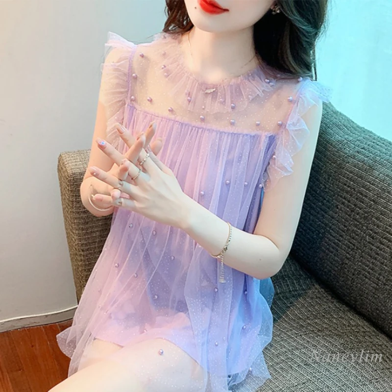 슈퍼 페어리 스위트 민소매 쉬폰 셔츠 여성용 구슬 장식 얇은 메쉬 탑 숙녀용 블라우스 퍼플 핑크 여름 2022 년