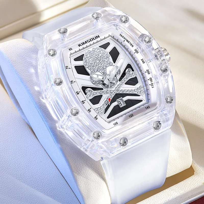 KIMSDUN Diamonds Skull Quartz Watch Transparent Case White Black ...