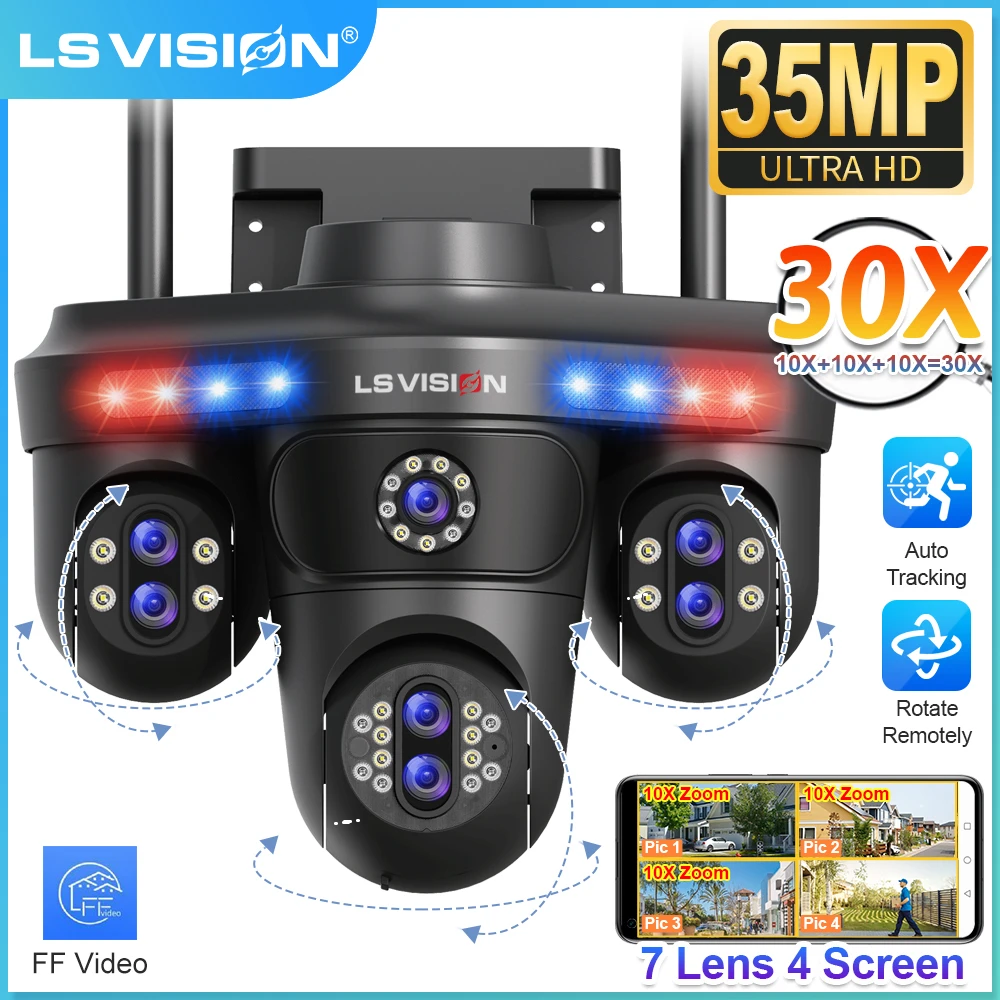 LS VISION 35MP 10X Zoom WiFi IP Camera 4 Screens 7 Lens Outdoor ...