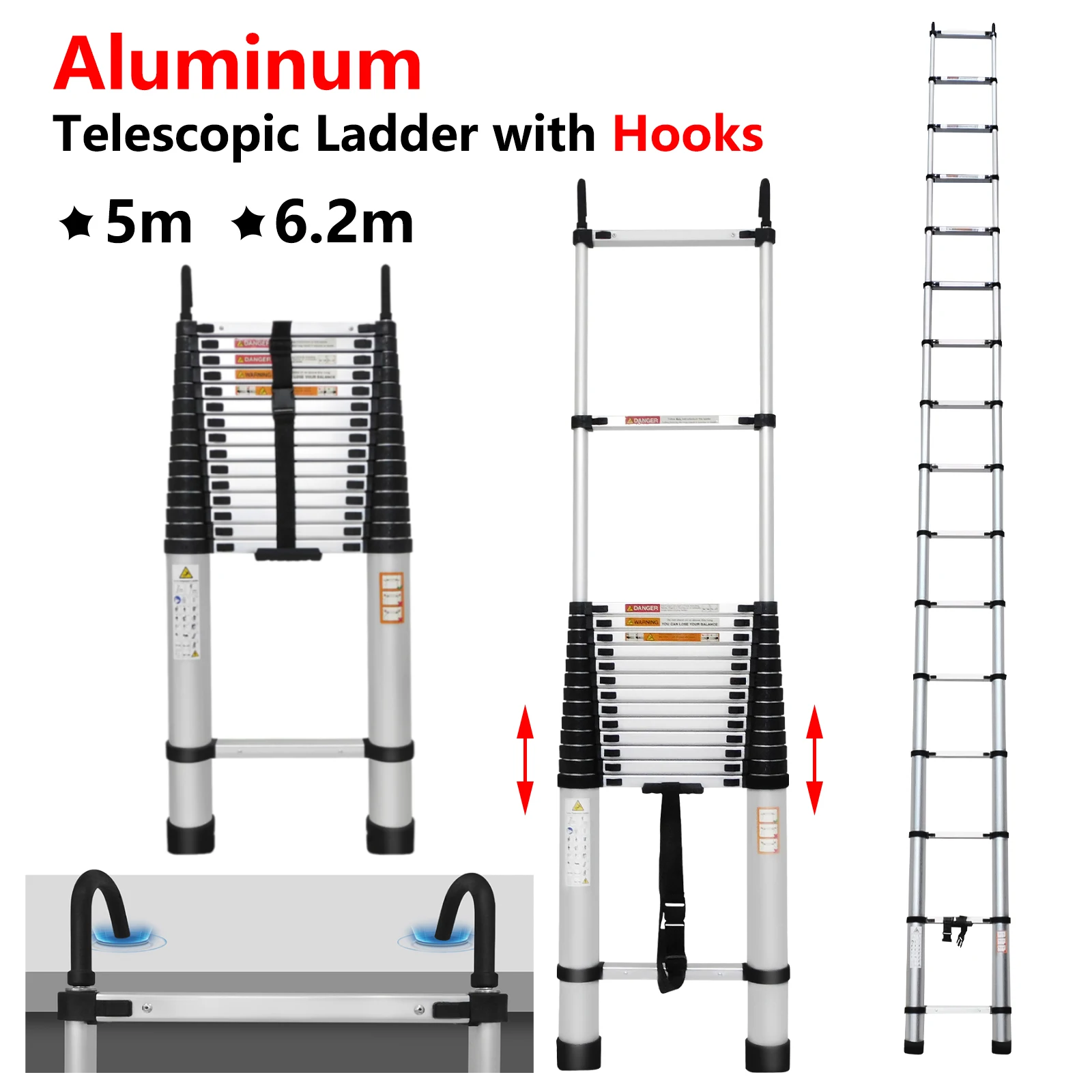 Telescopic Ladder 6.2m/5m Extendable Straight Ladder Aluminum with ...