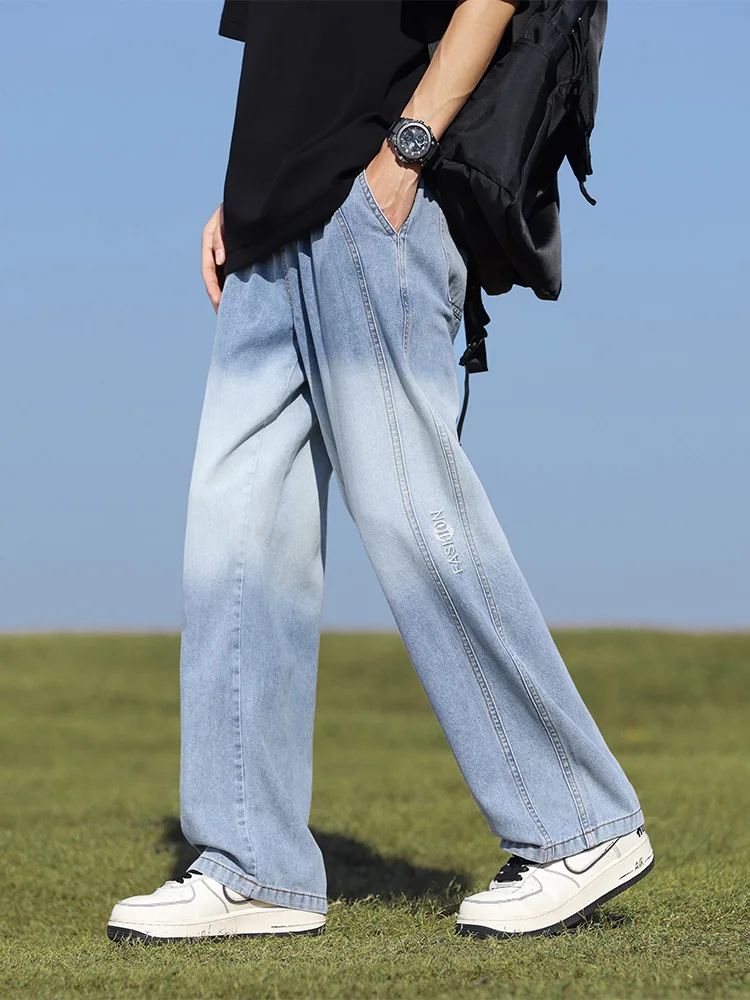 2024-Spring-New-Men-s-Jeans-Drawstring-Waist-Wide-Leg-Casual-Denim ...