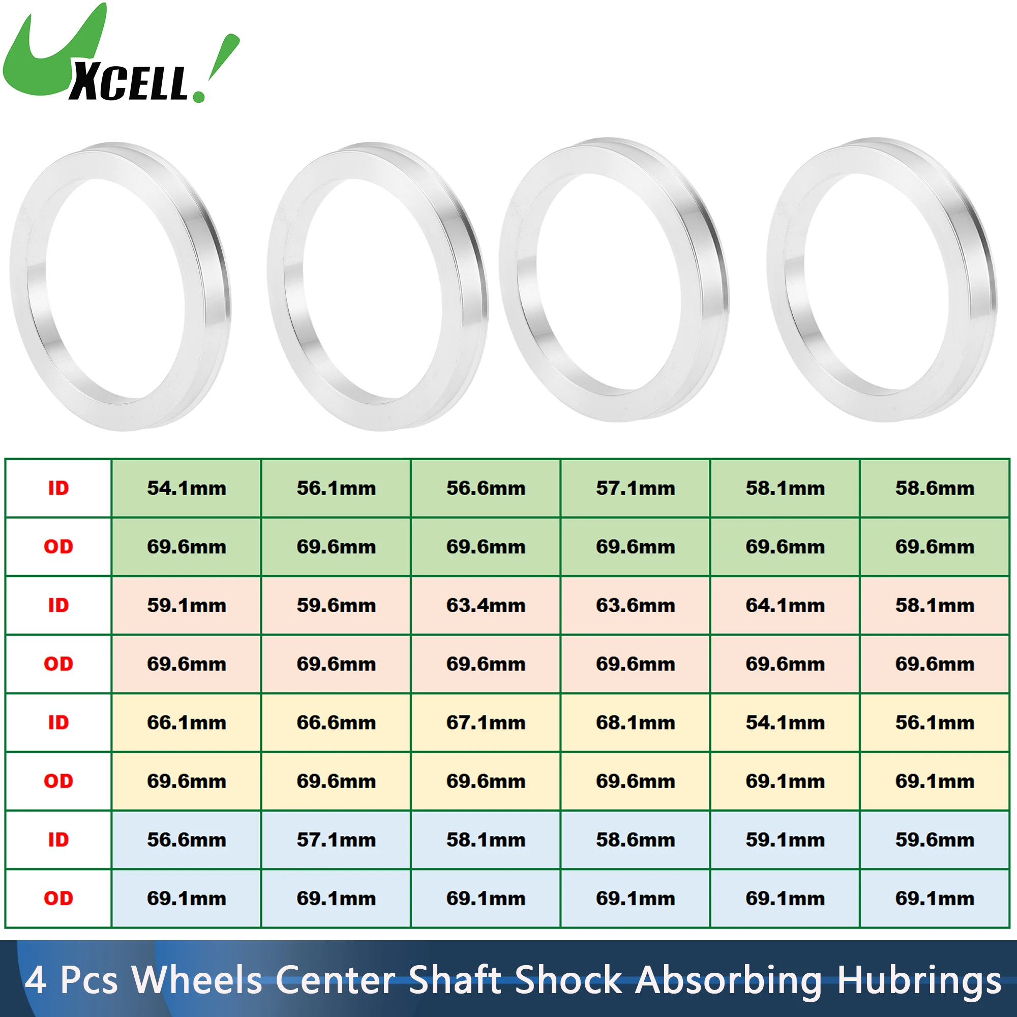 UXCELL Car Wheel Hub Centric Rings OD 69.1mm 69.6mm to ID 54.1/58.6/59. ...