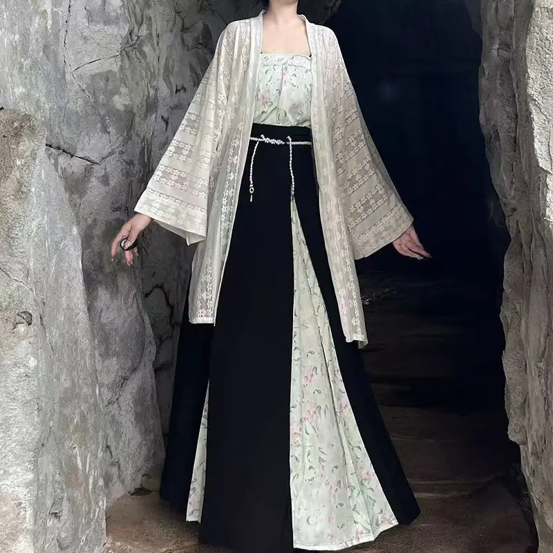 Black Hamfu Dress Women Modern Chinese Letter Ink and Wash Print Hanfu ...