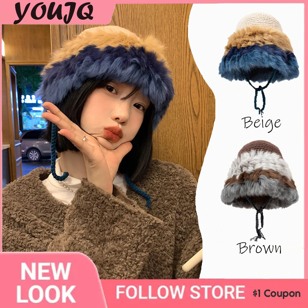 Y2K Women's Color blocking Rabbit Fur Straw Hat Korean Version Cute ...