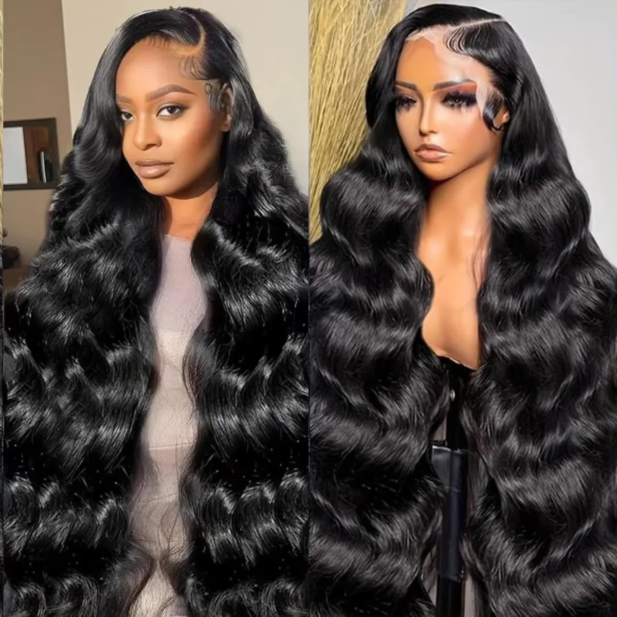 Natural black Body Wave 13x4 HD Transparent Lace 13x6 Full Frontal Wigs ...