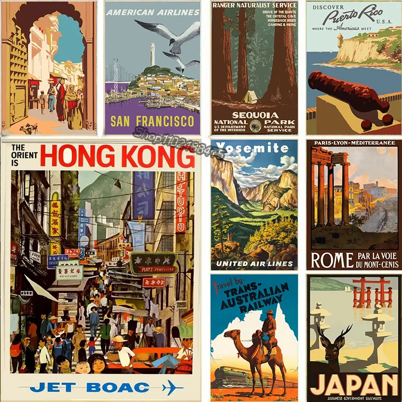 Vintage Travel City Posters Hong Kong Japan India Rome Italy Landscape ...