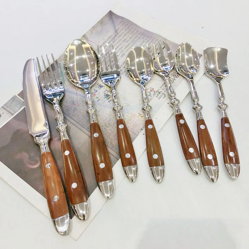 Western-Food-Cutlery-Set-Knife-Fork-Spoon-Brown-wooden-handle-knife ...