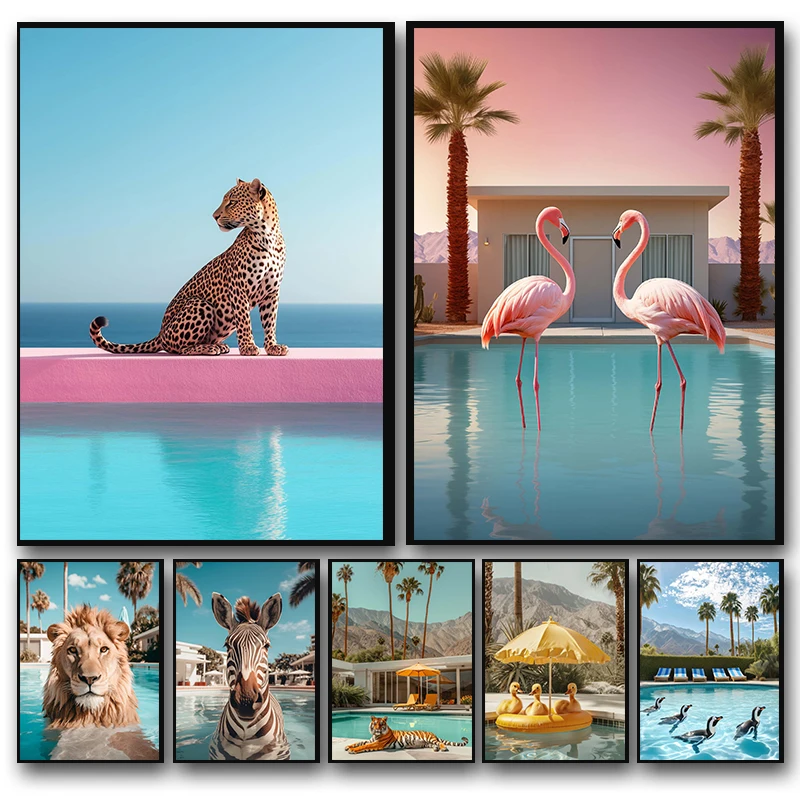 Leopard Penguins Zebra Flamingo Lion Pig in The Swimming Pool Poster ...