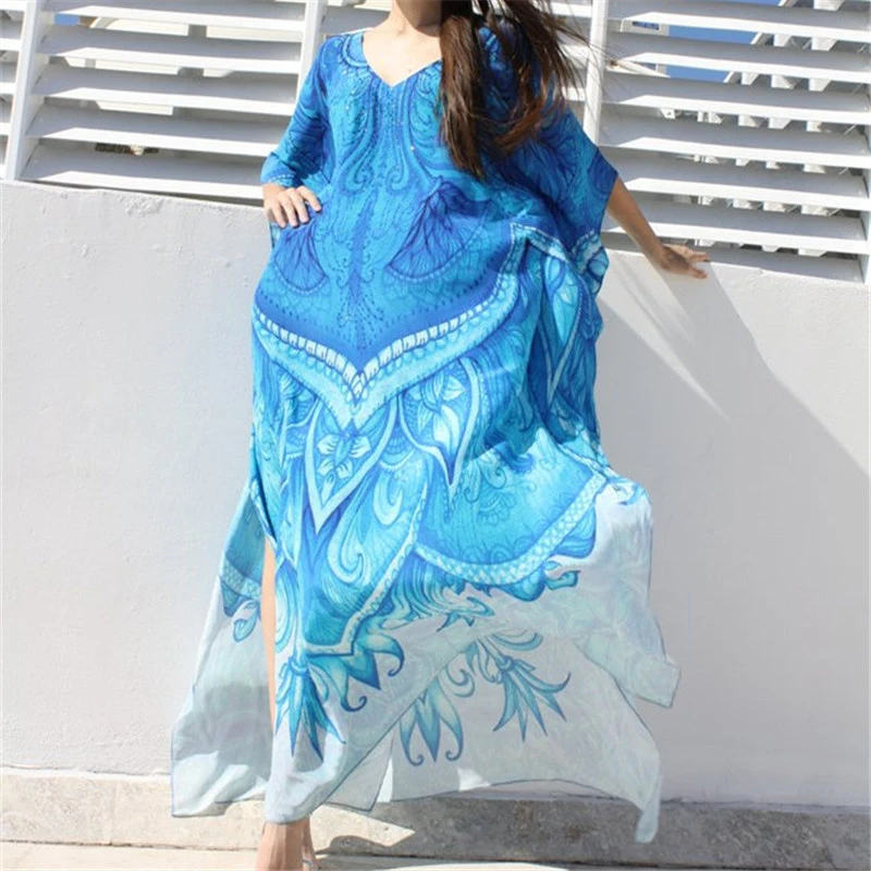 Oversize Ocean Blue Bohemian Printed Kaftan Beach Dress Plus Size Tunic ...