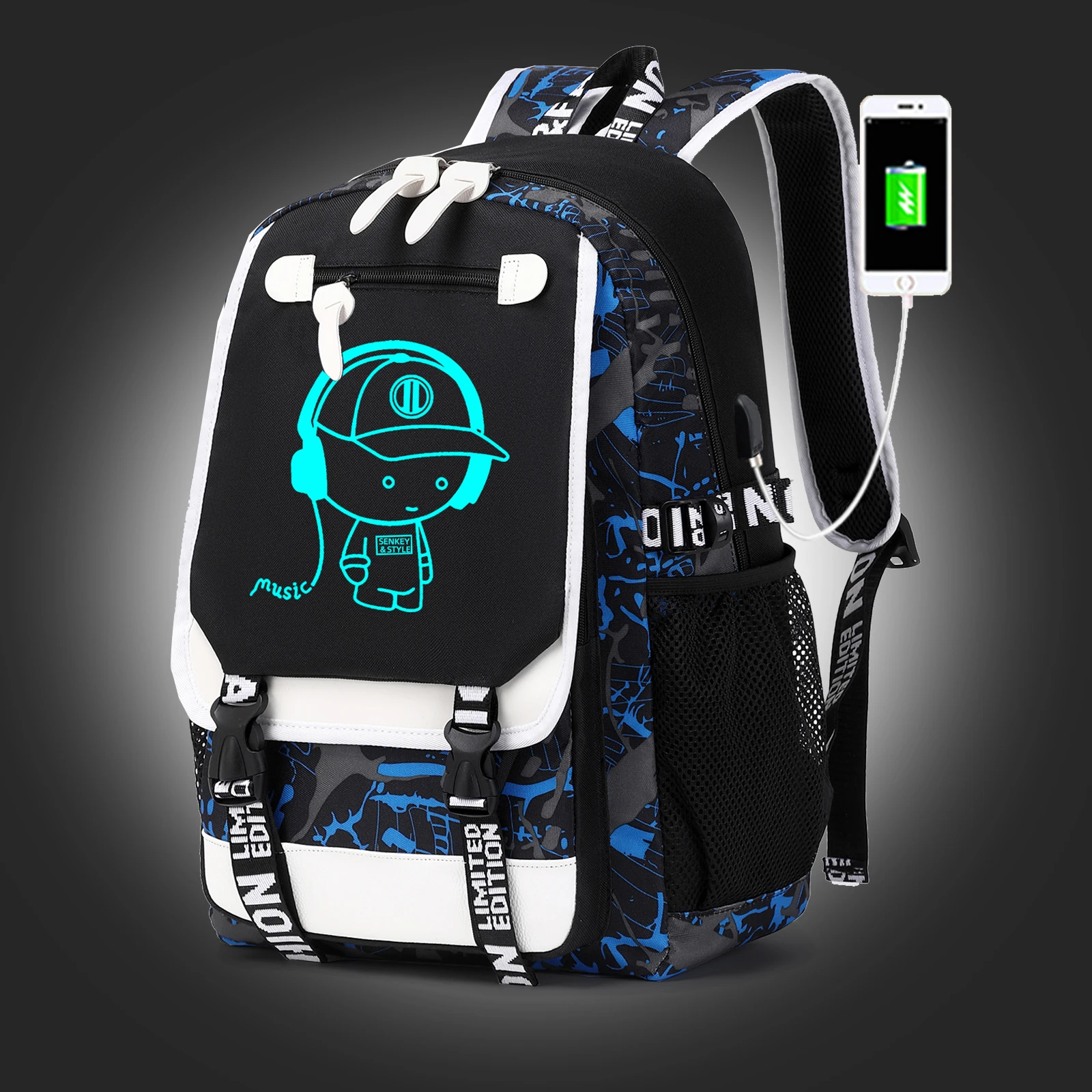Luminous Large Capacity Backpack With USB Data Cable For Students ...