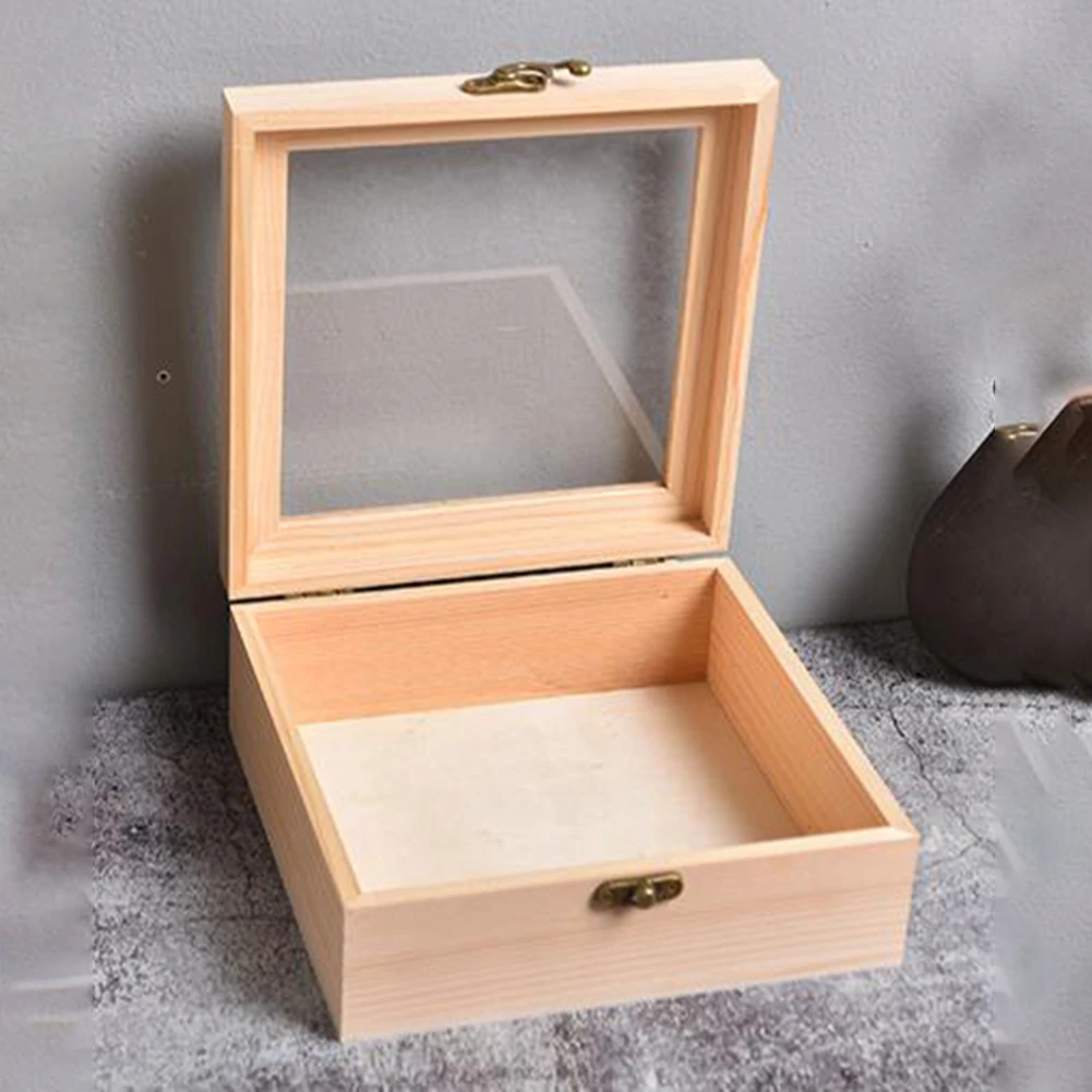 Wooden Storage Box Plain Wood Boxes With Clear Lid Multifunction Square ...