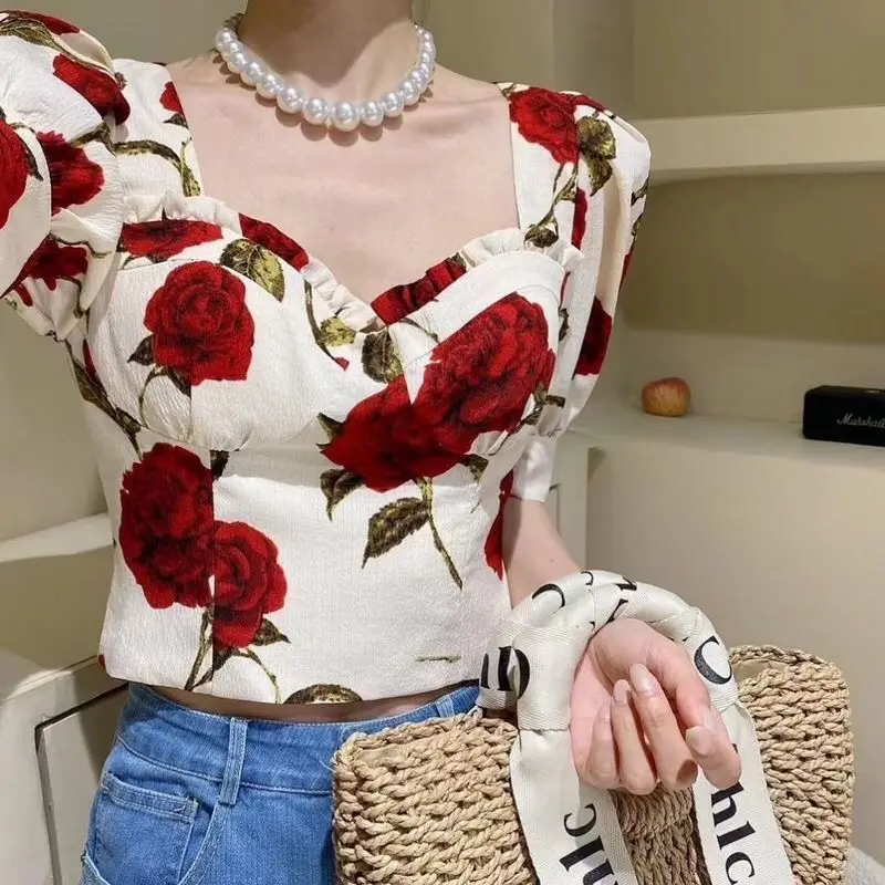 Vintage-Rose-Print-Crop-Top-Sexy-Blouse-Women-Square-High-Waist-Puff ...