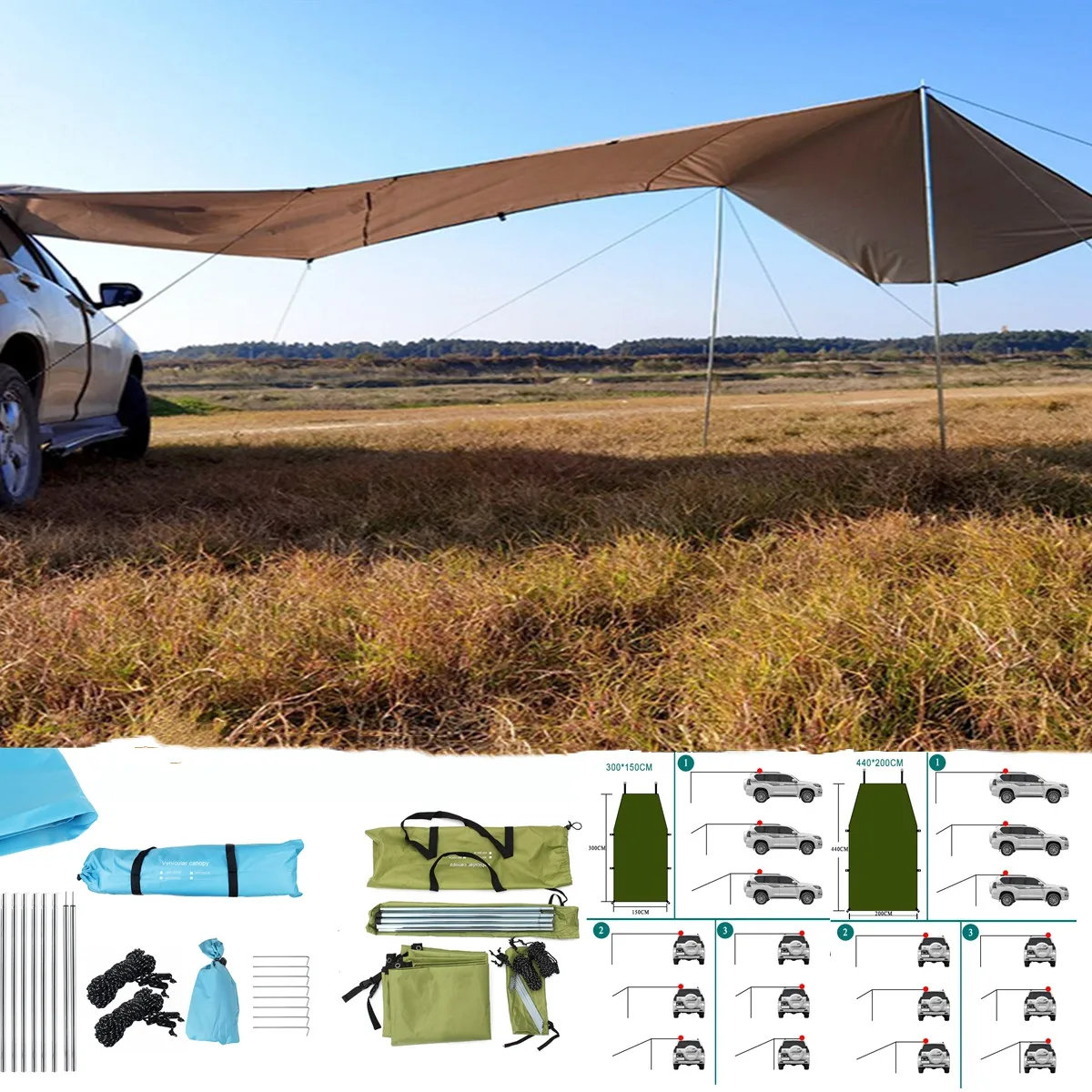 Portable Car Shelter Shade Camping Side Car Roof Top Tent Anti-UV ...