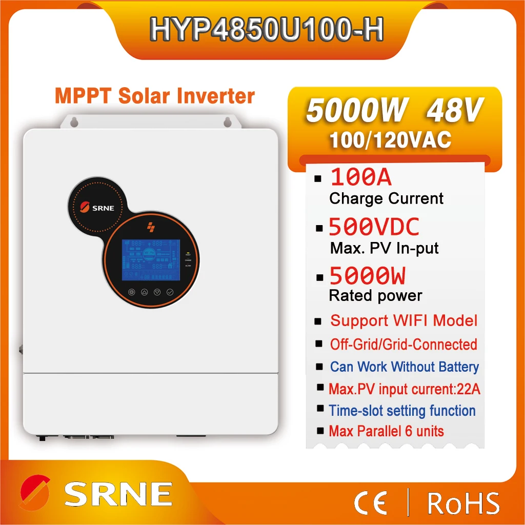 SRNE 5000W 48V 120V PV Max Input 500VDC Solar Hybrid Inverter Pure Sine Wave Off-Grid/Grid-Tie ...