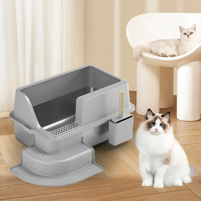 Extra-Large-20L-Stainless-Steel-Cat-Litter-Box-With-Stair-Foot-Pad ...