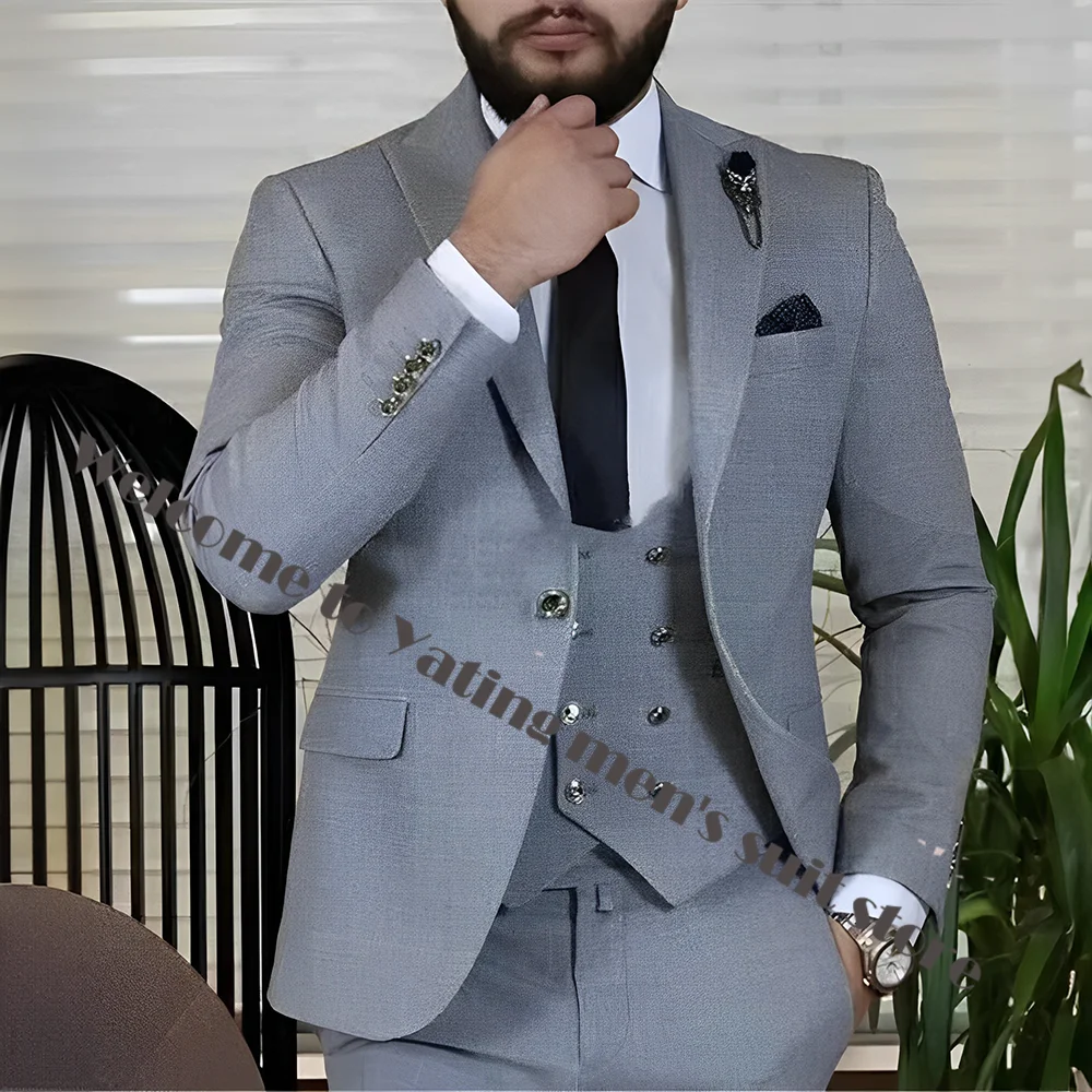 3 Piece Business Men's Suit Jacket Pants Vest Silver Button Formal Male ...