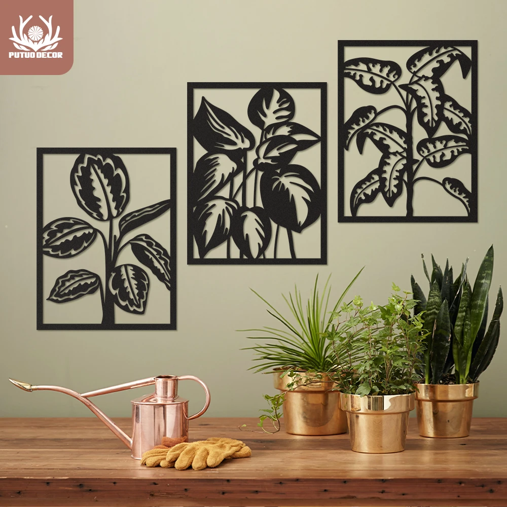 Putuo Decor Leaves 3 Panels Wooden Wall Art Black Plants Line Sculpture ...