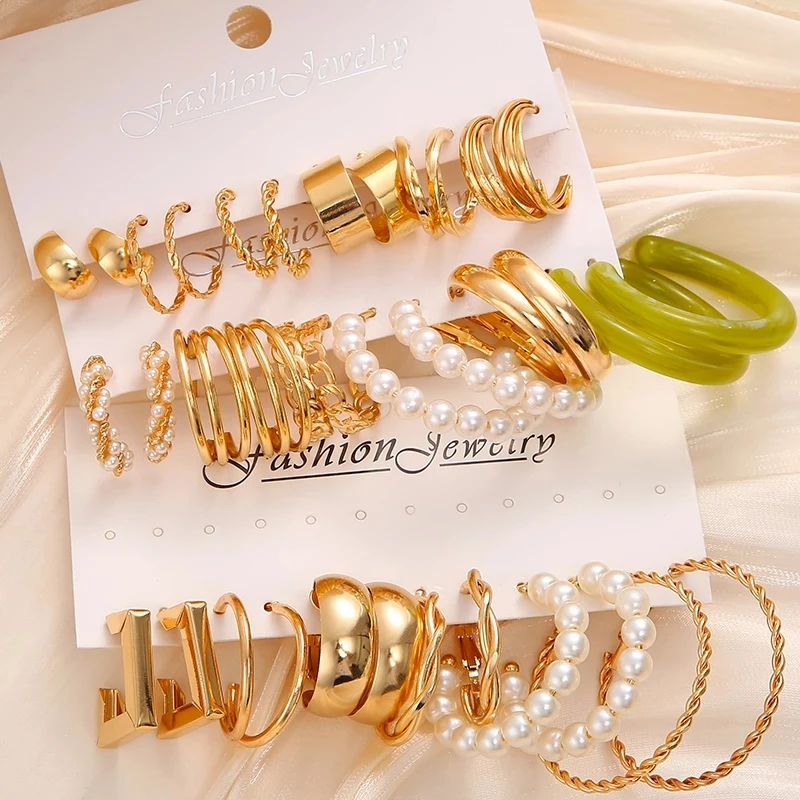Gold-Color-Earring-Set-Colorful-Geometric-Pearl-Resin-Twist-Big-Hoop ...