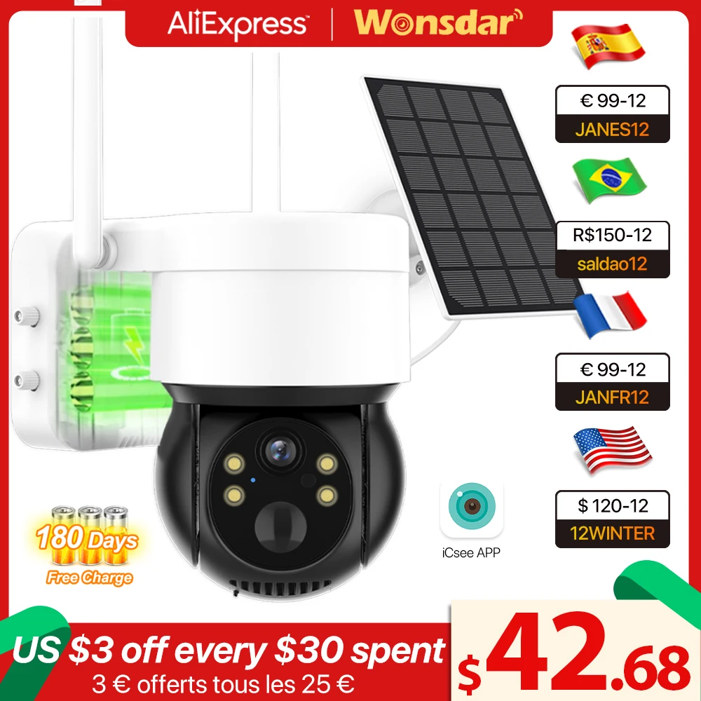 Wifi Solar Camera 2mp Wireless Ptz Camera Built-in Battery Outdoor Ip ...