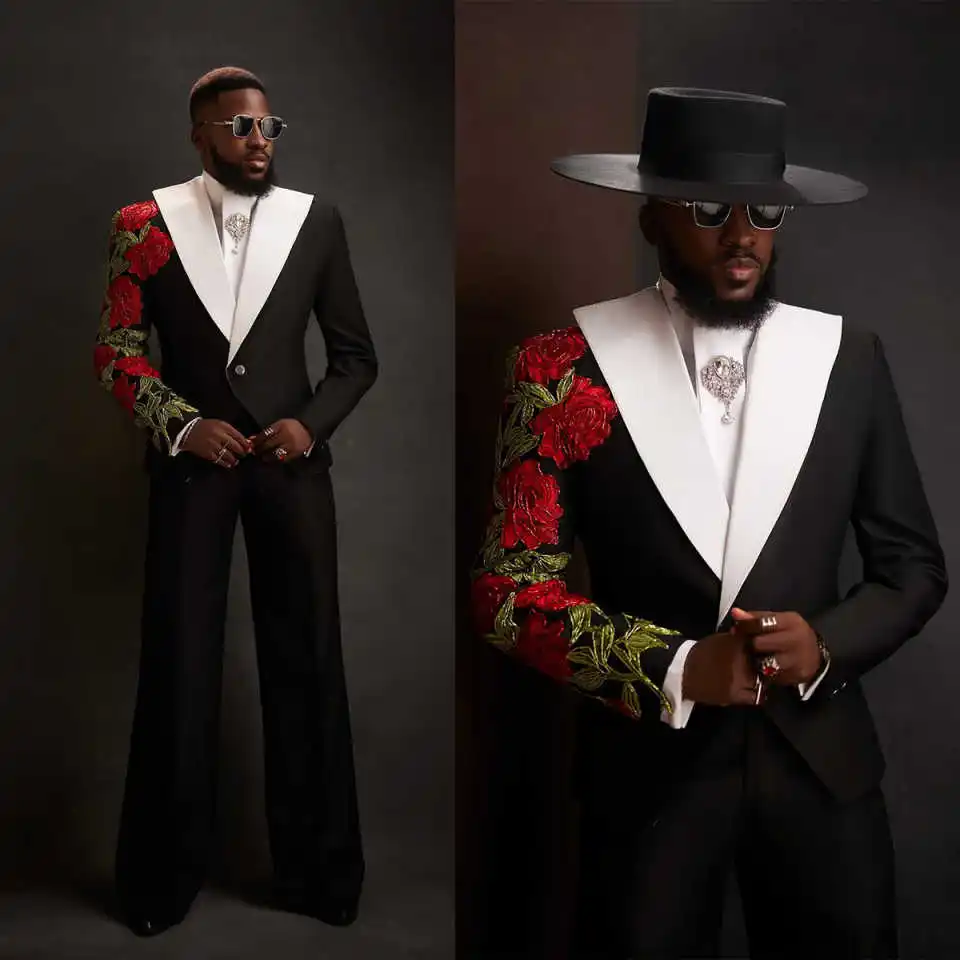 Appliques Gentle Men Suits For Wedding Peaked Lapel Single Breasted ...