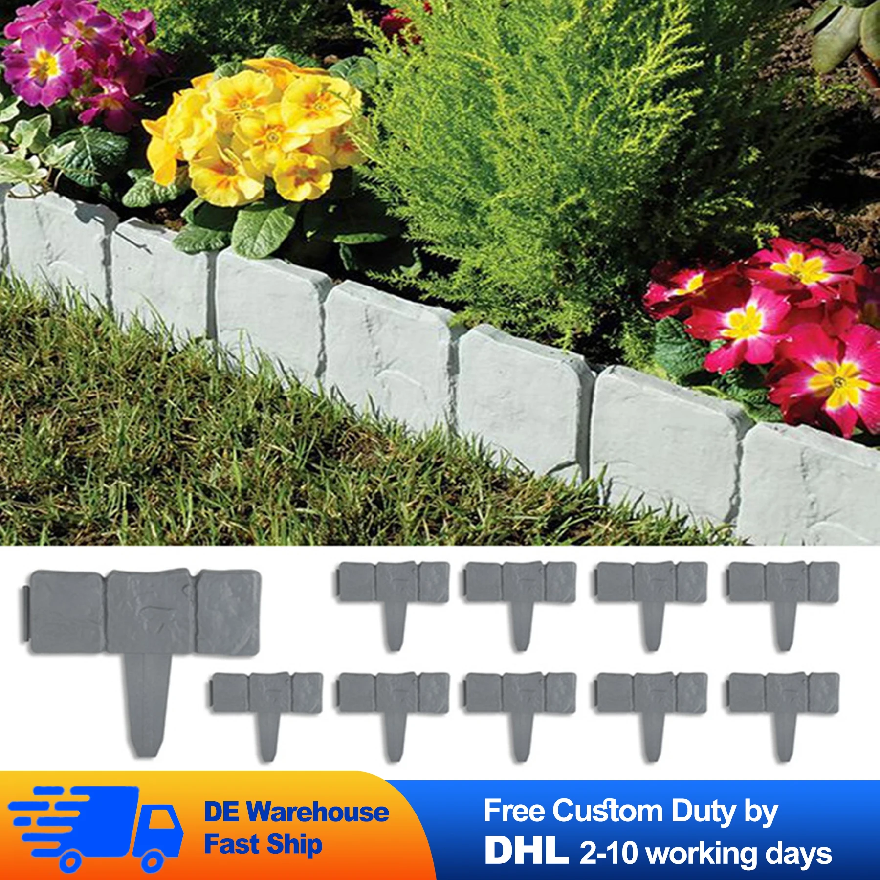 Garden Faux Stone Fence Plastic Plant Flower Border Interlock Flower ...
