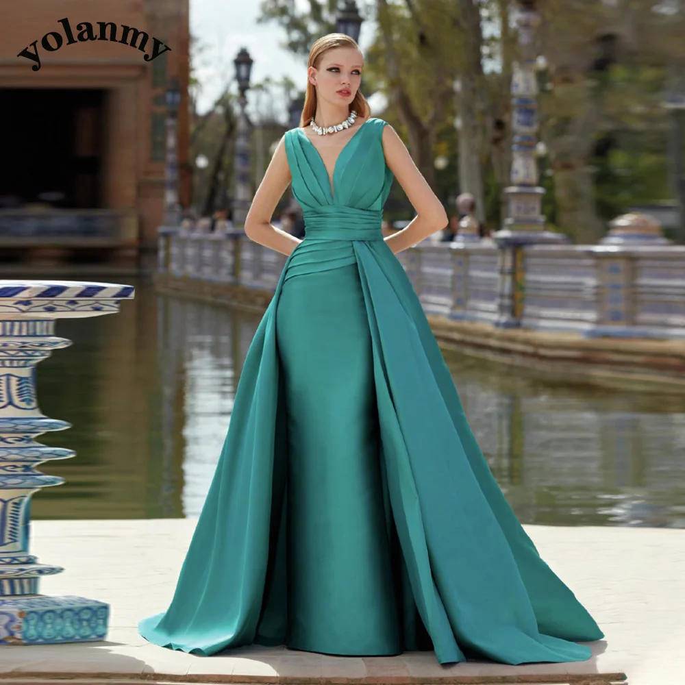 YOLANMY Turquoise Satin robes de soirée longue col en V robes de soirée ...