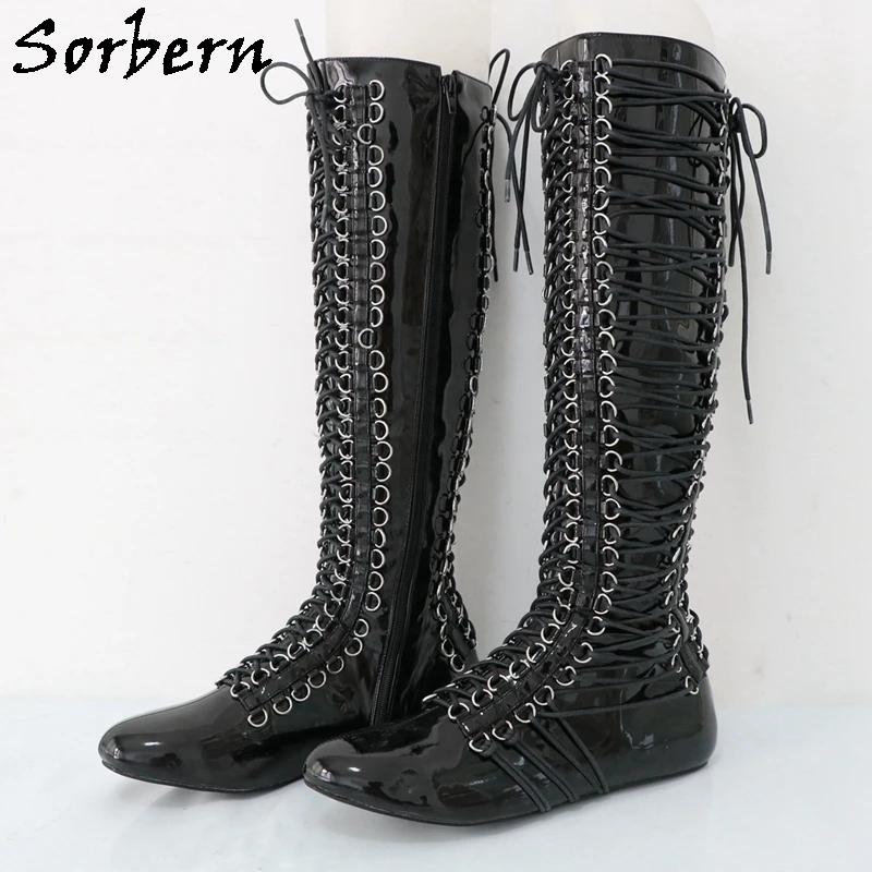 Sorbern Black Shiny Knee High Boots Women Flat Heel Round Toe Custom ...
