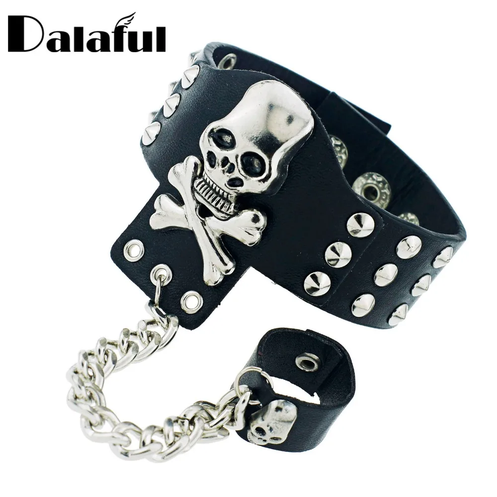 Gothic Skeleton Skull Chain Link Rock Rivet Cuff Black Leather Punk ...