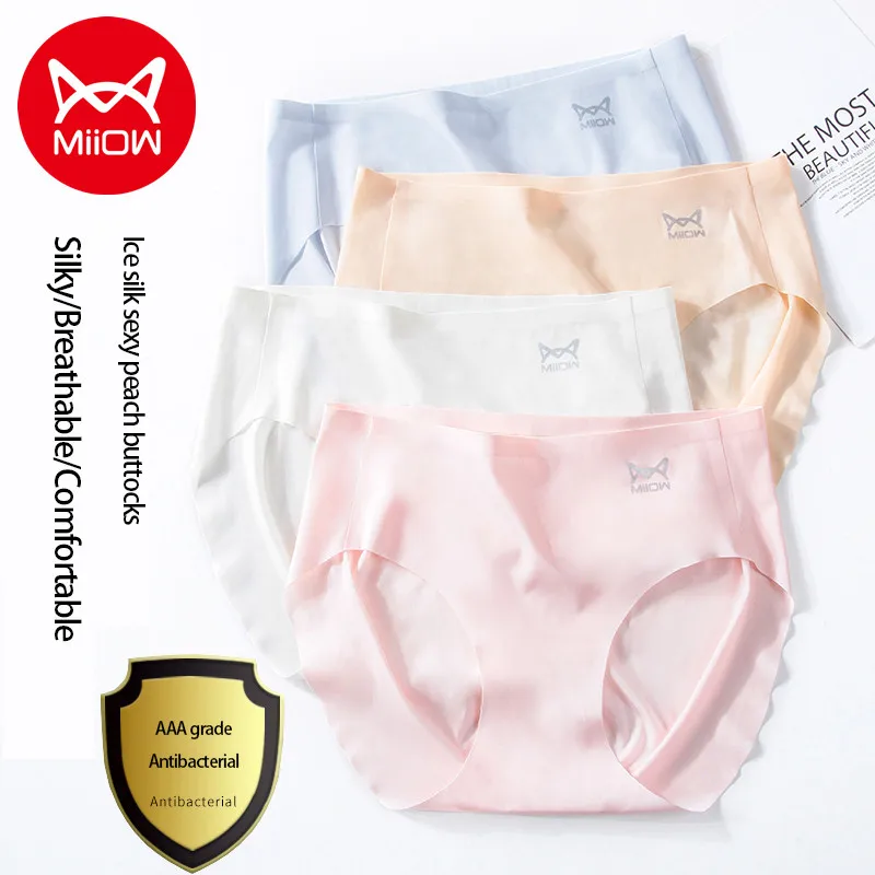 MiiOW 4pcs 여름 얼음 실크 여성 속옷 울트라 얇은 섹시 한 원활한 여성 팬티 코 튼 가랑이 항균 여성 란제리 ...