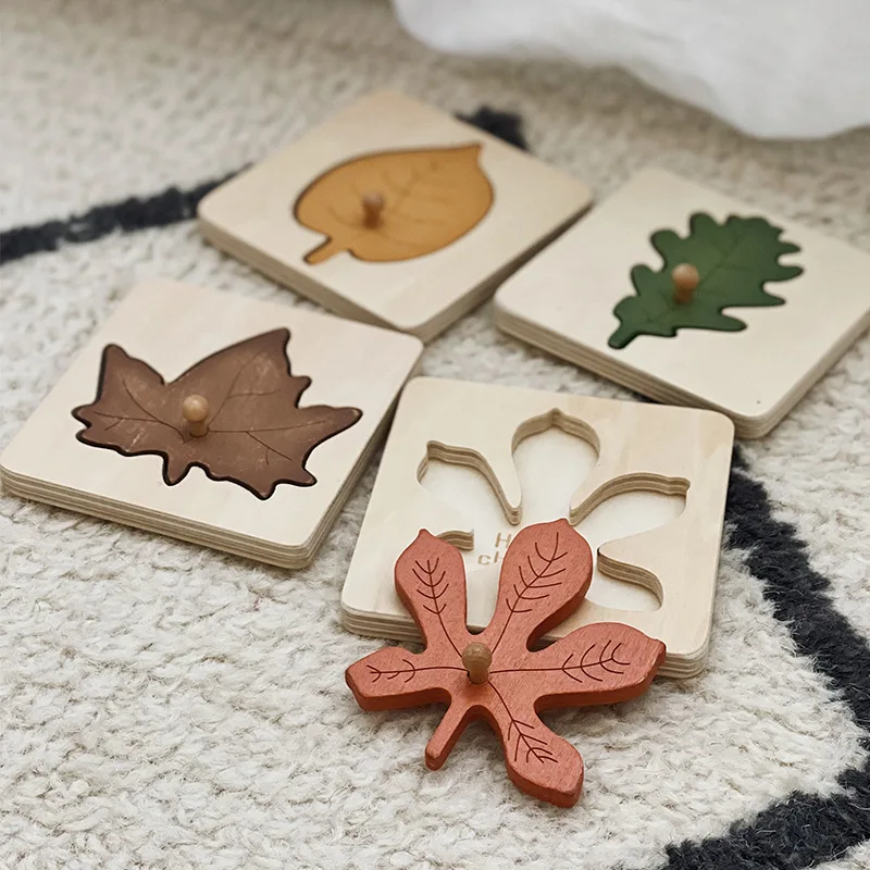 Wooden-Leaf-Jigsaw-Shape-Fun-Puzzles-4pcs-with-Holder-Pack-Montessori ...