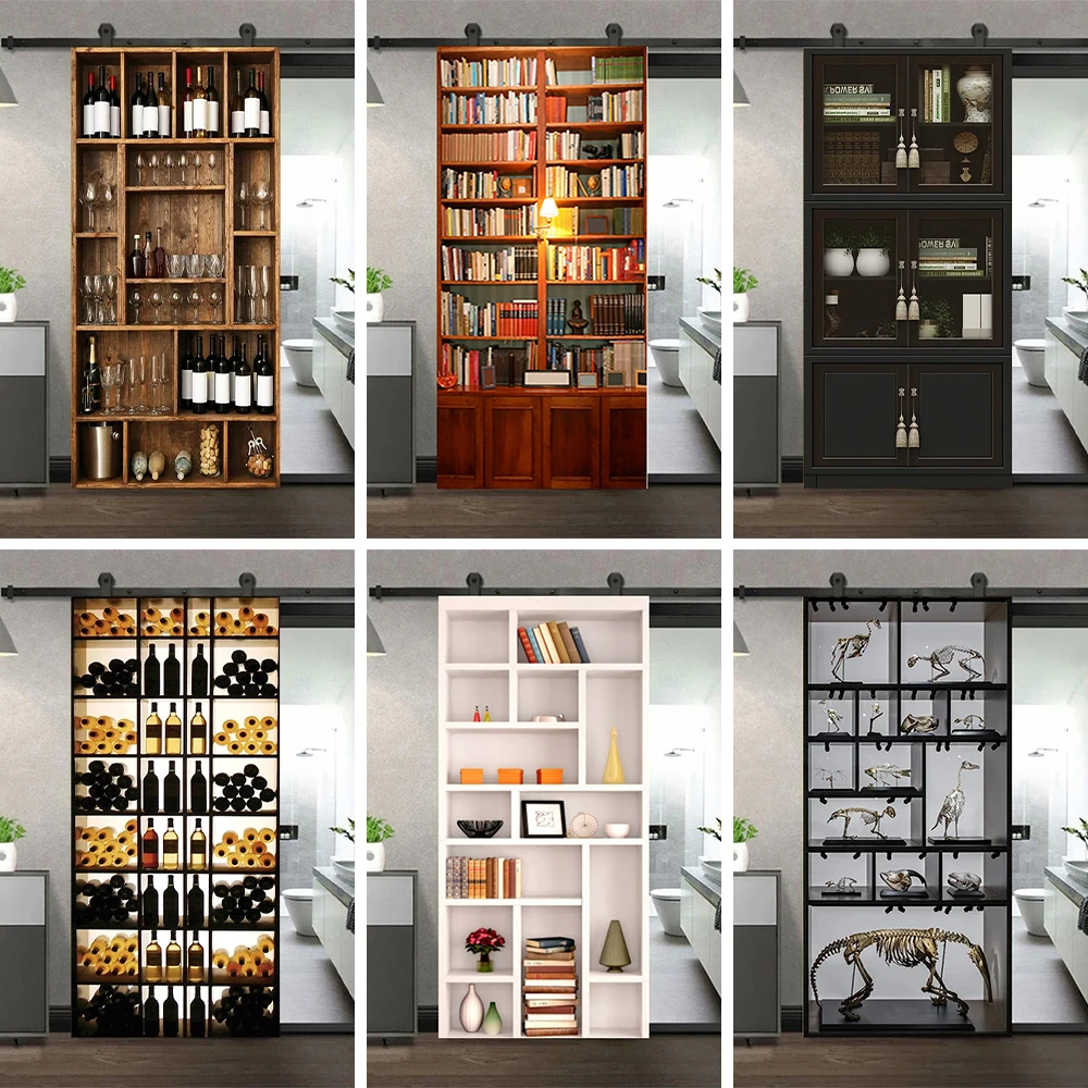 3D Bookshelf Door Stickers Self-adhesive PVC Simulated Book Case ...