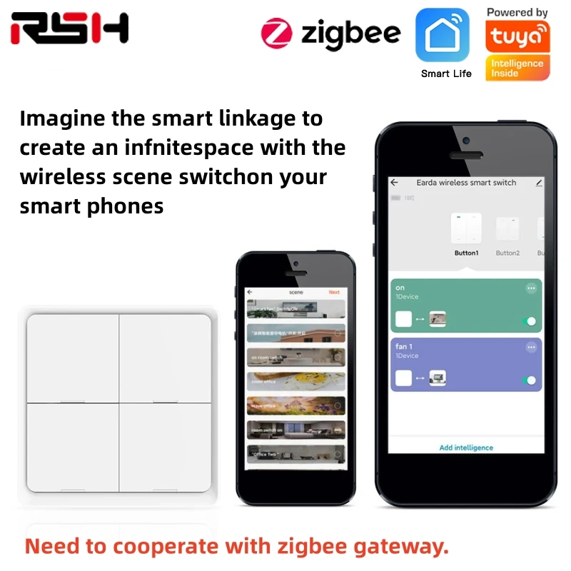 Tuya 4 Gang ZigBee Wireless 12 Scenario Smart Switch Push Button Controller Automation APP ...