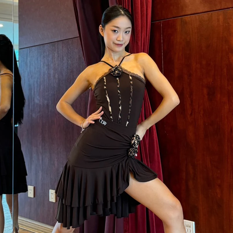 2024-Brown-Latin-Dance-Dress-Practice-Clothing-Flower-Tops-Skirt-Adult ...