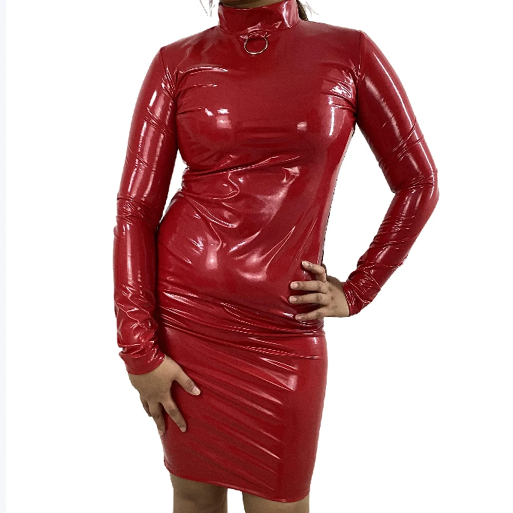 Sexy-Party-PVC-Bodycon-Knee-Length-Dress-Metal-Ring-Decor-Neck-Dress ...