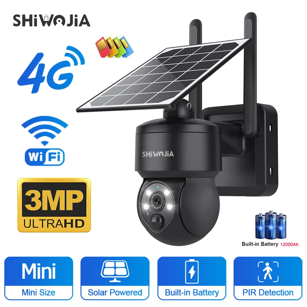 SHIWOJIA WIFI Wireless PTZ Solar Camera 4G SIM 3MP Outdoor Solar Panel ...