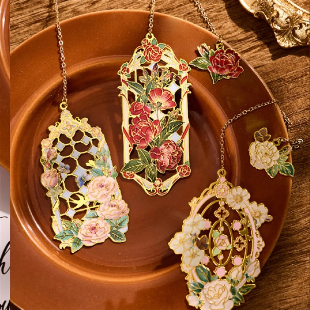 Retro-Rose-Floral-Hollow-Metal-Bookmark-with-Pendant-Bookclip-Student ...