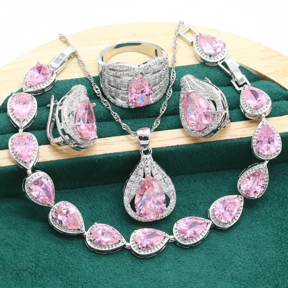 Silver-Color-Jewelry-Sets-For-Women-Green-Blue-Pink-Zircon-Bracelet-Ear ...