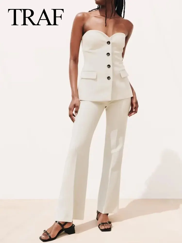 TRAF 2023 Women Fashion Solid Pant Suit Front Button Strapless Sexy ...