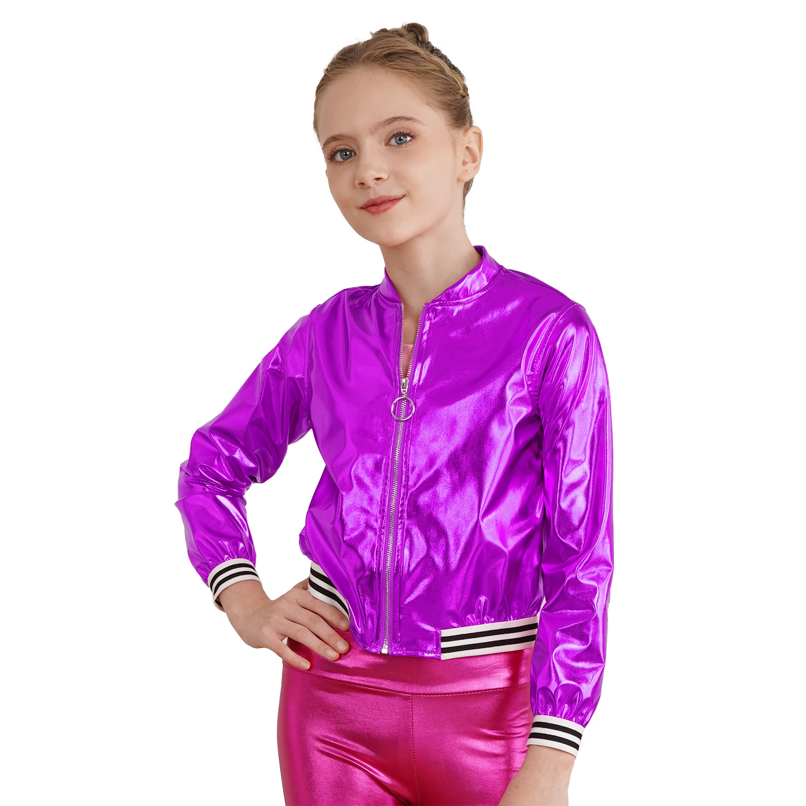 Kids Girls Metallic Bomber Jacket Coat Zip Up Long Sleeve Jazz Dance ...