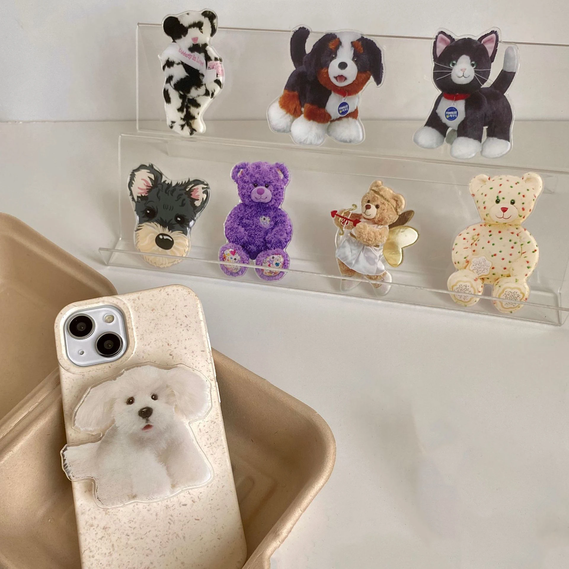 Korean Cute Dog Cat Plush Toys Finger Holder Griptok Mobile Stand Grip ...