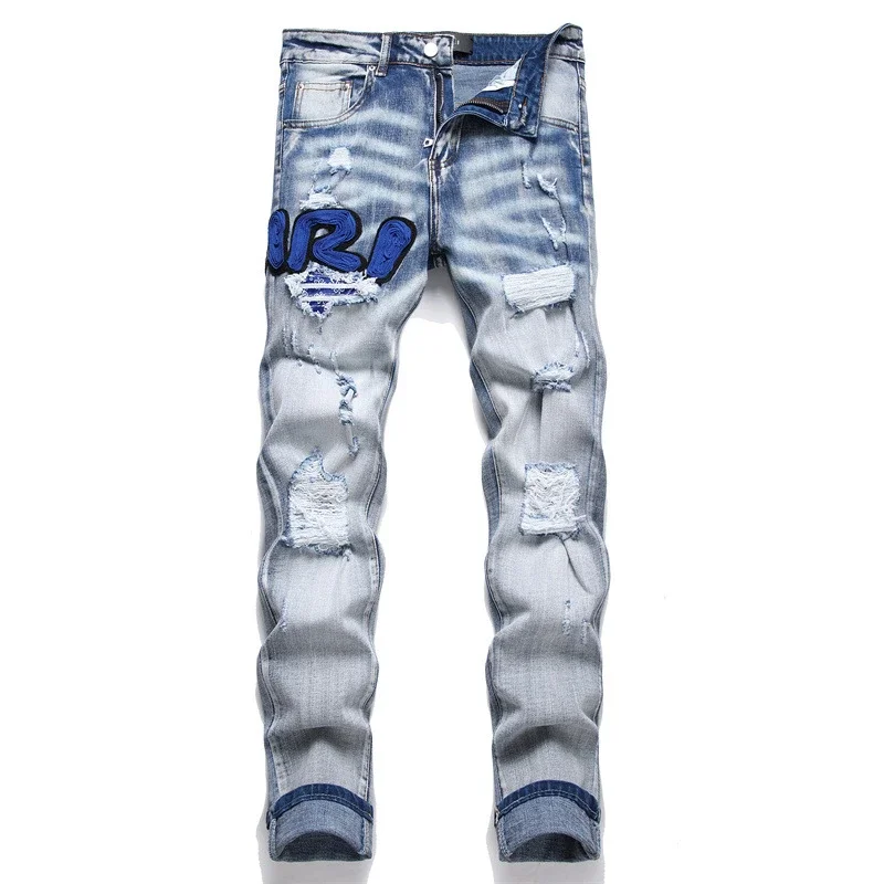 Men-Jeans-Retro-Blue-Slim-Fit-Ripped-Denim-Pants-Embroidery-Distressed ...