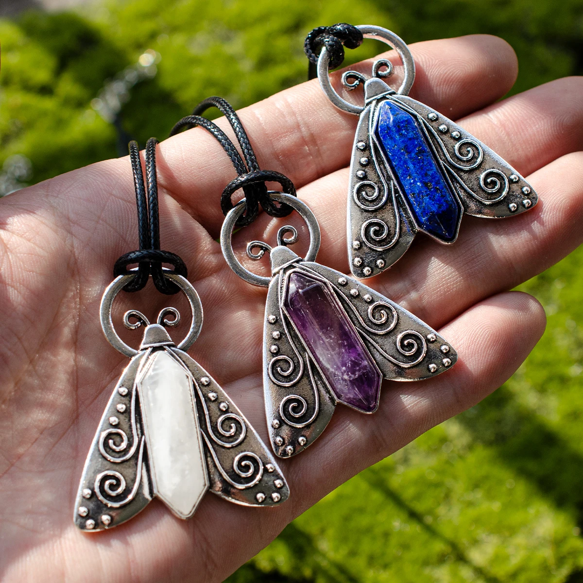 Witch-Skull-Moth-With-Natural-Stone-Pendant-Necklace-Pagan-Goth-Spirit ...