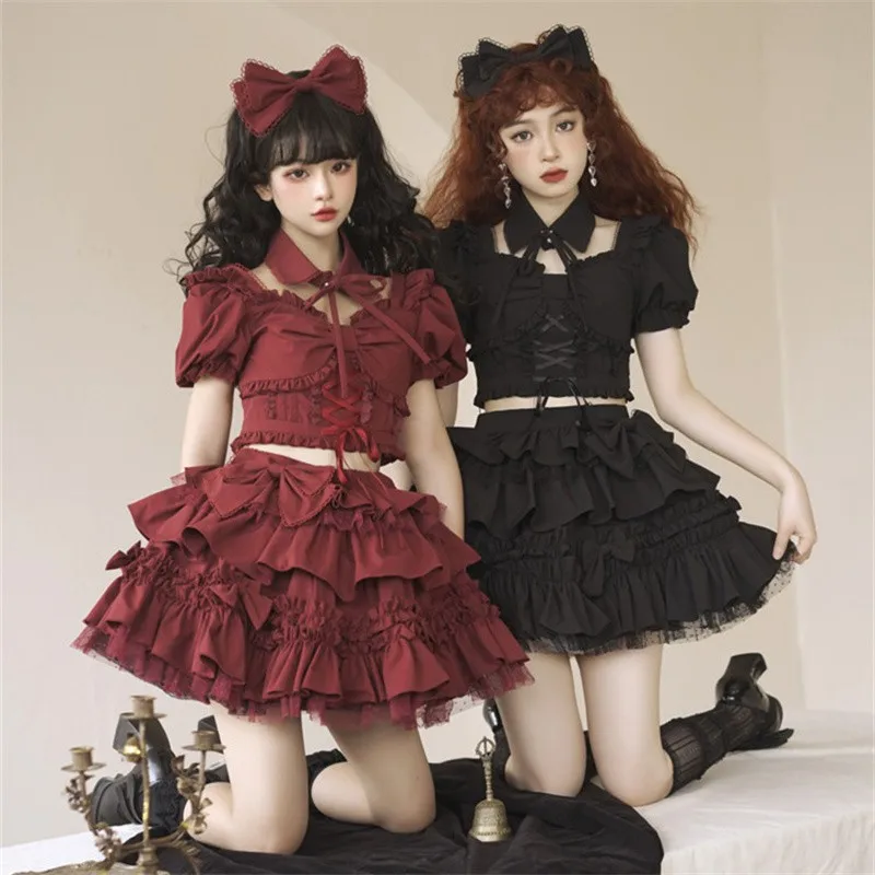 Woman-Lolita-Set-Sweet-Fake-Collar-Top-Ruffled-Lace-up-Skirt-Japanese ...