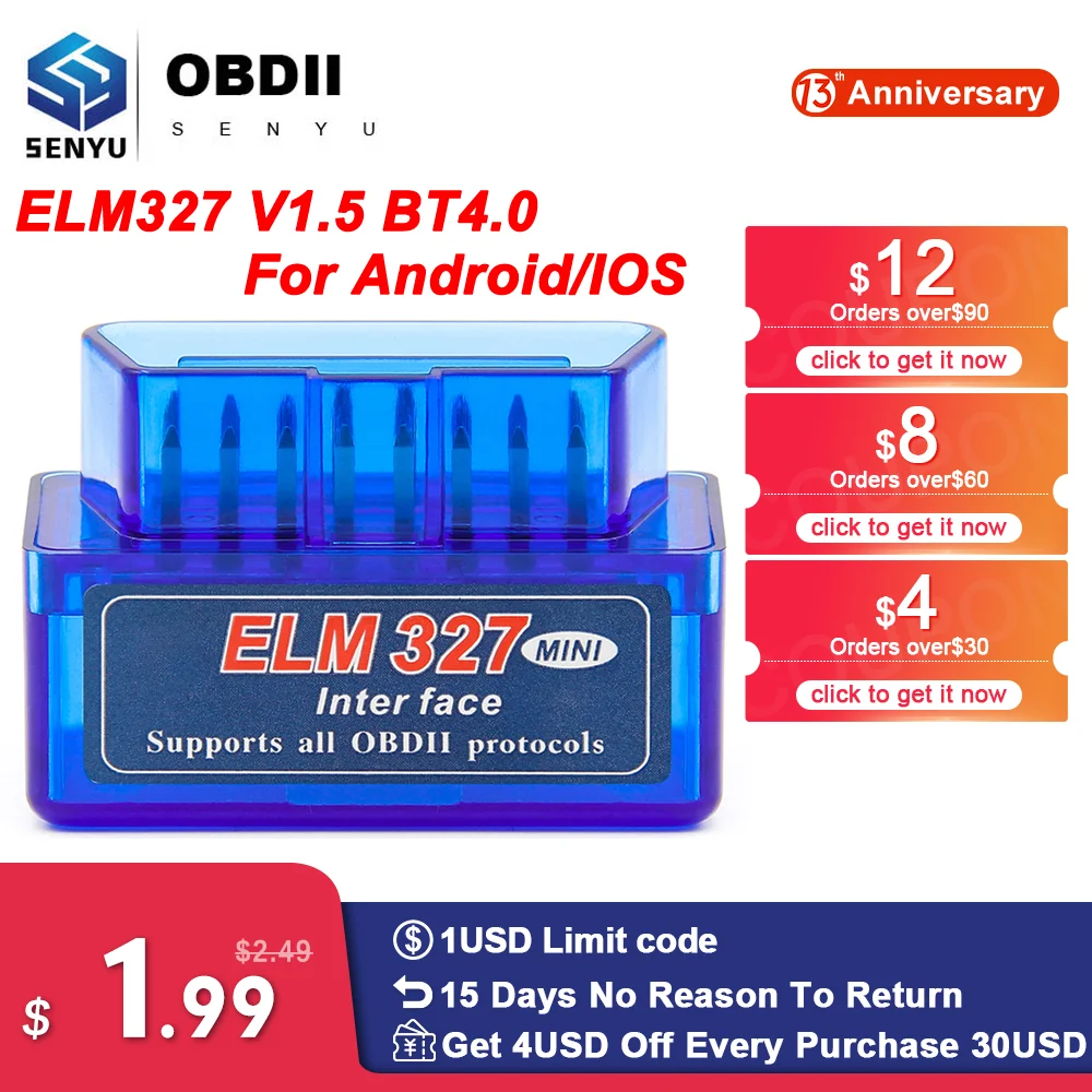 Pour Android/IOS ELM327 V1.5 Bluetooth 4.0 OBD2 Scanner Automatique Outils De Diagnostic de ...