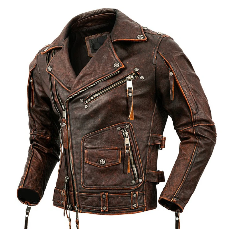 Motorcycle Cowhide Genuine Leather Jacket Men Slim Stone Milled Retro ...