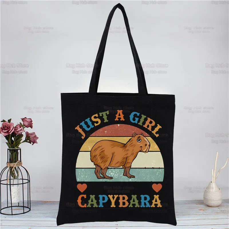 Capybaras Black Canvas Simple Cartoon Shopping Bags Girls Just A Girl Who Loves Capybaras ...